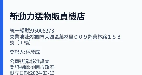 新動力選物販賣機店的照片-統編 95008278(桃園市) 公司登記資料與營業項目詳細圖表