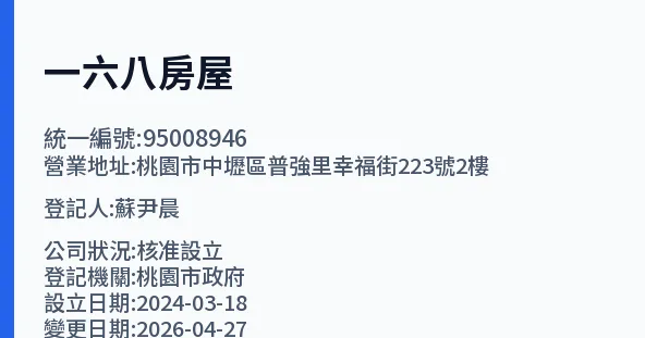一六八房屋的照片-統編 95008946(桃園市) 公司登記資料與營業項目詳細圖表