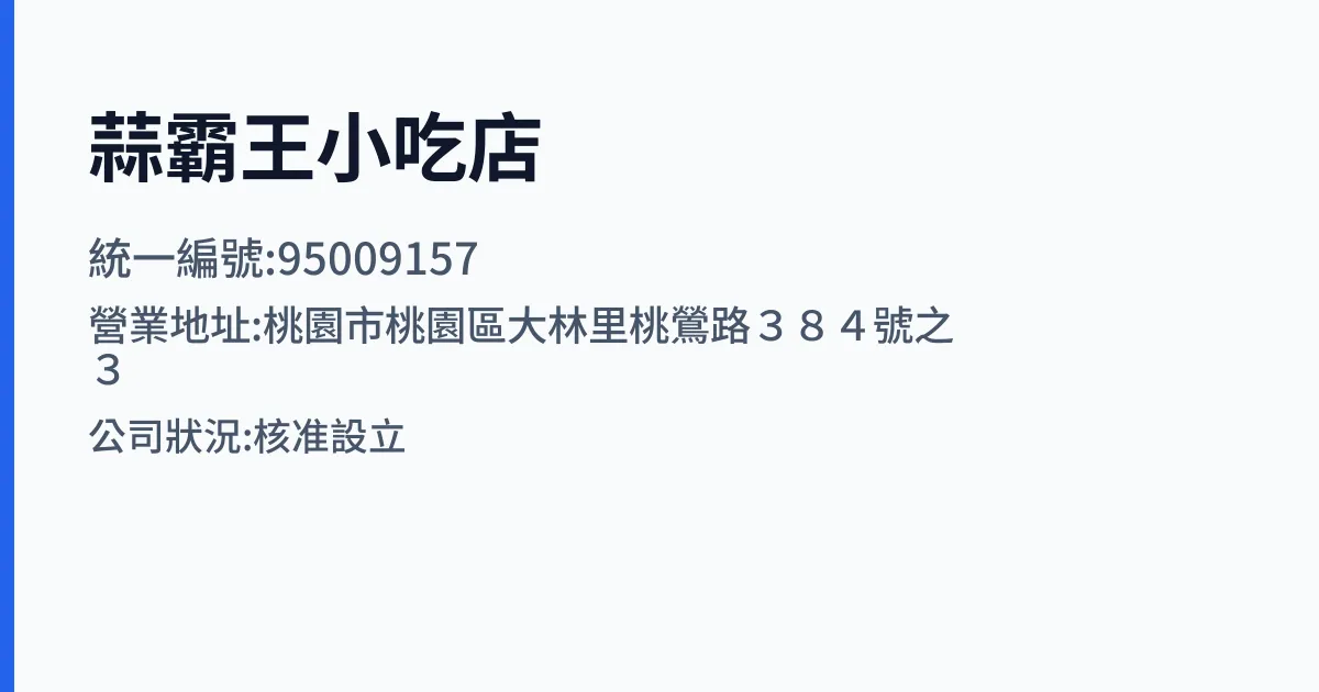 蒜霸王小吃店 - 統編 95009157(桃園市) 公司登記資料與營業項目詳細圖表