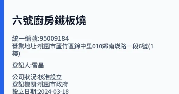 六號廚房鐵板燒的照片-統編 95009184(桃園市) 公司登記資料與營業項目詳細圖表