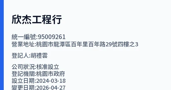 欣杰工程行的照片-統編 95009261(桃園市) 公司登記資料與營業項目詳細圖表