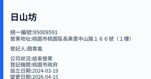 日山坊的照片-統編 95009591(桃園市) 公司登記資料與營業項目詳細圖表