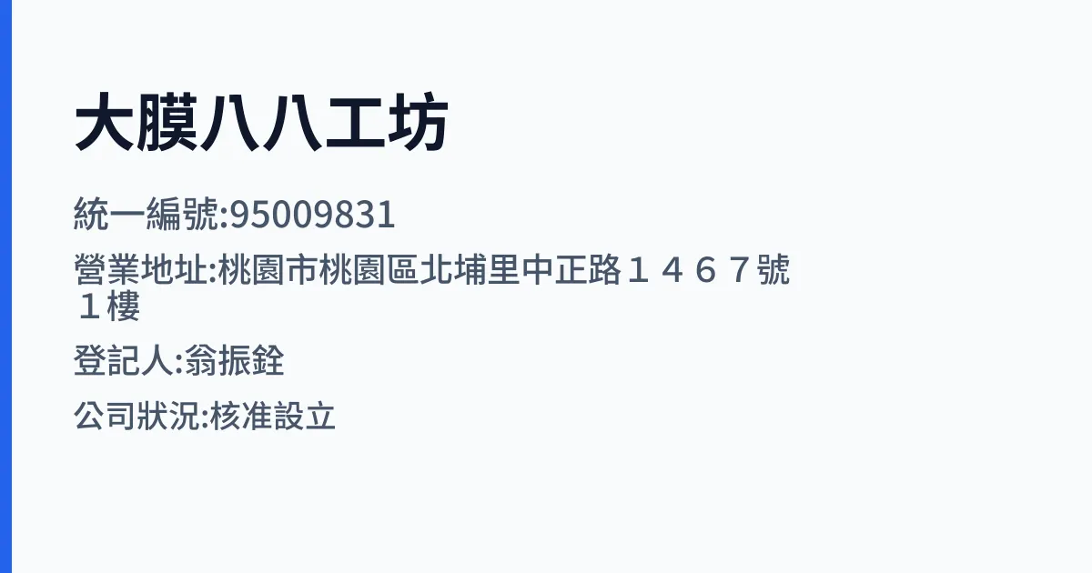 大膜八八工坊 - 統編 95009831(桃園市) 公司登記資料與營業項目詳細圖表