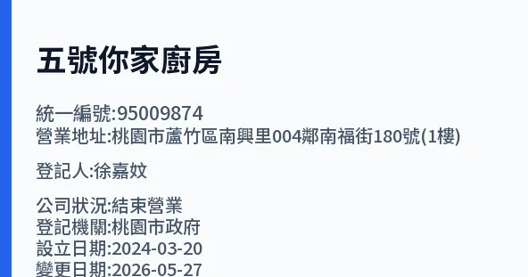 五號你家廚房的照片-統編 95009874(桃園市) 公司登記資料與營業項目詳細圖表