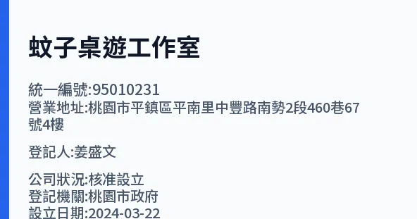 蚊子桌遊工作室的照片-統編 95010231(桃園市) 公司登記資料與營業項目詳細圖表