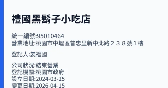 禮國黑鬍子小吃店的照片-統編 95010464(桃園市) 公司登記資料與營業項目詳細圖表