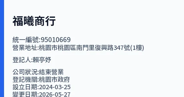 福曦商行的照片-統編 95010669(桃園市) 公司登記資料與營業項目詳細圖表