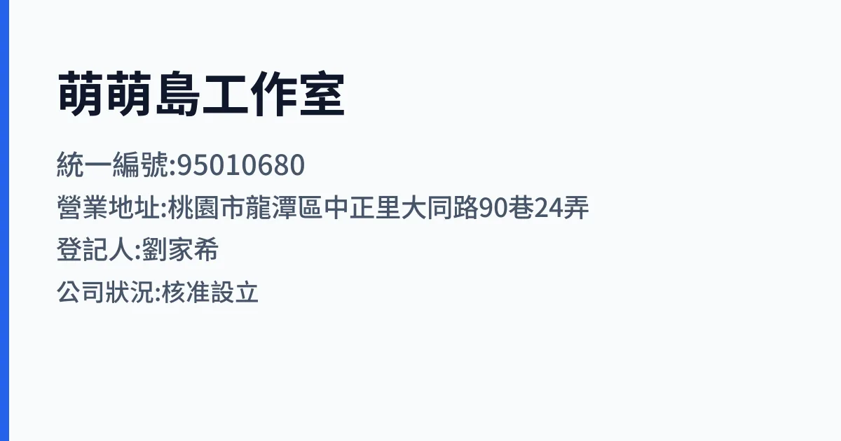 萌萌島工作室 - 統編 95010680(桃園市) 公司登記資料與營業項目詳細圖表