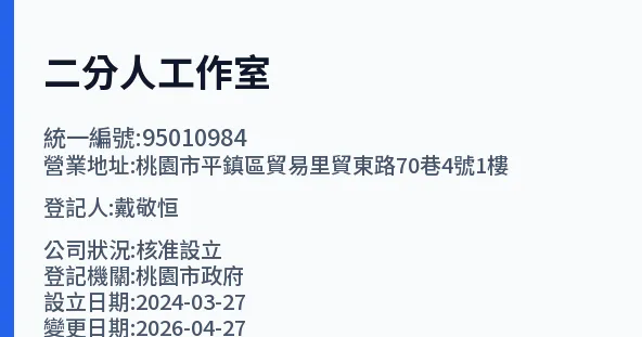 二分人工作室的照片-統編 95010984(桃園市) 公司登記資料與營業項目詳細圖表