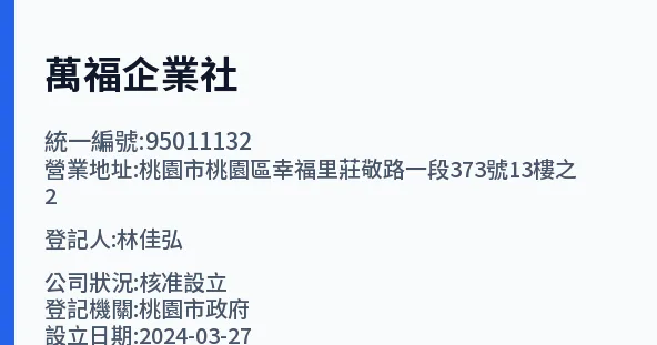 萬福企業社的照片-統編 95011132(桃園市) 公司登記資料與營業項目詳細圖表