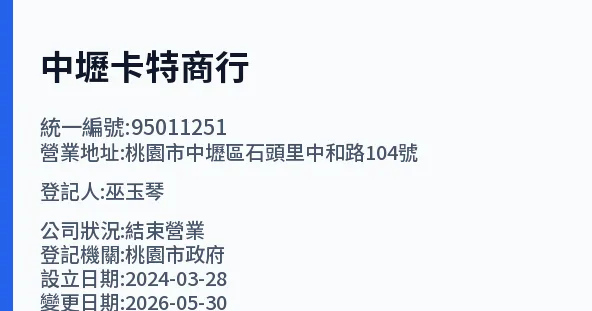 中壢卡特商行的照片-統編 95011251(桃園市) 公司登記資料與營業項目詳細圖表