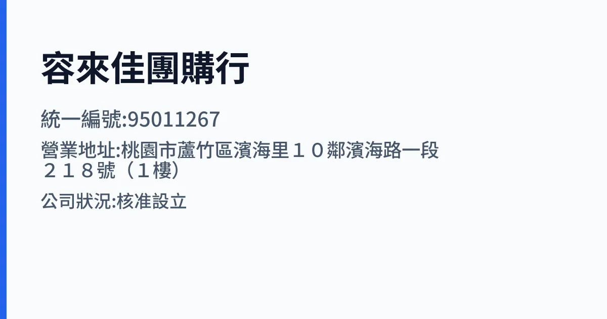 容來佳團購行 - 統編 95011267(桃園市) 公司登記資料與營業項目詳細圖表