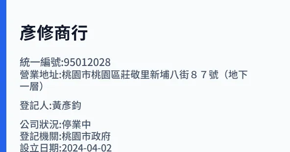 彥修商行的照片-統編 95012028(桃園市) 公司登記資料與營業項目詳細圖表