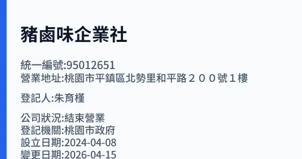 豬鹵味企業社的照片-統編 95012651(桃園市) 公司登記資料與營業項目詳細圖表