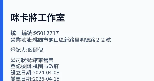 咪卡將工作室的照片-統編 95012717(桃園市) 公司登記資料與營業項目詳細圖表