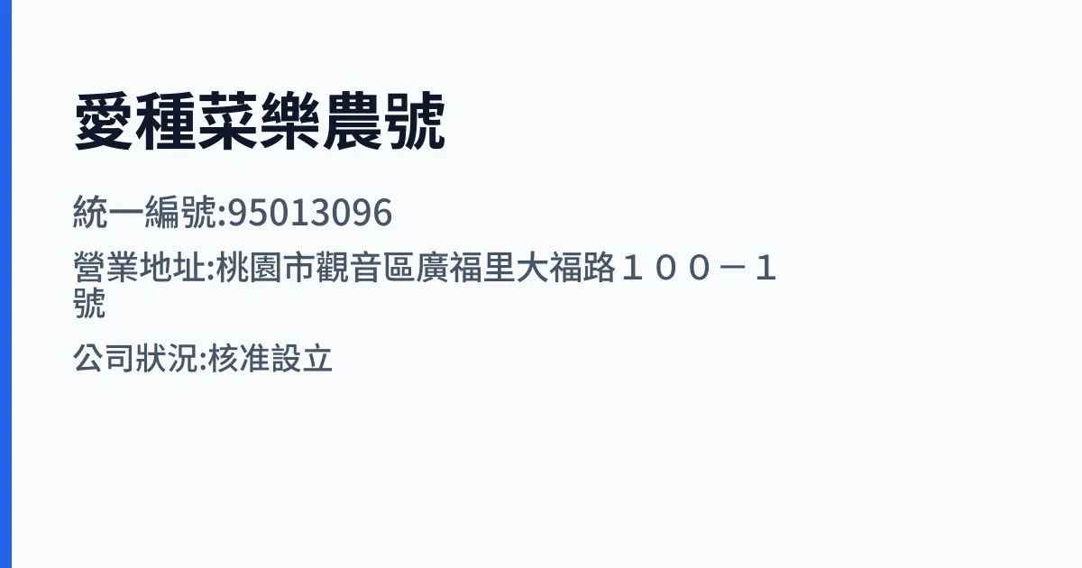 愛種菜樂農號 - 統編 95013096(桃園市) 公司登記資料與營業項目詳細圖表