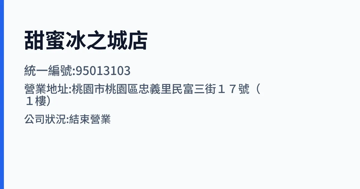 甜蜜冰之城店 - 統編 95013103(桃園市) 公司登記資料與營業項目詳細圖表