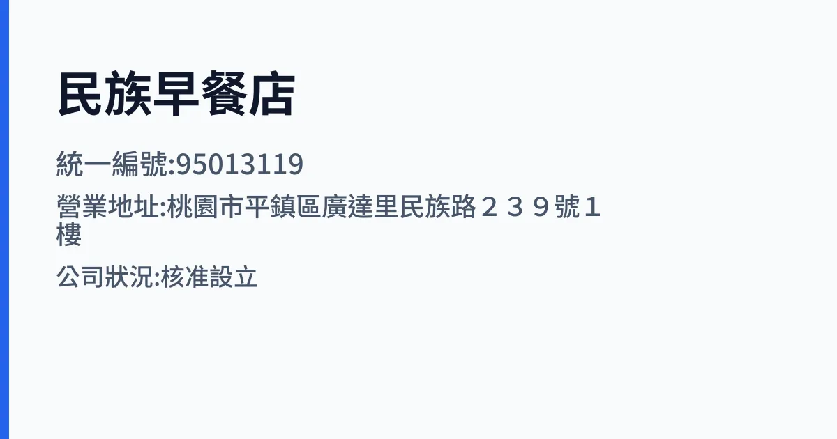 民族早餐店 - 統編 95013119(桃園市) 公司登記資料與營業項目詳細圖表