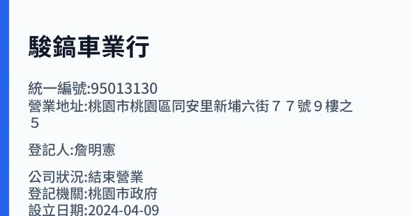 駿鎬車業行的照片-統編 95013130(桃園市) 公司登記資料與營業項目詳細圖表