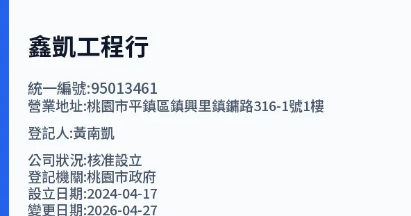 鑫凱工程行的照片-統編 95013461(桃園市) 公司登記資料與營業項目詳細圖表