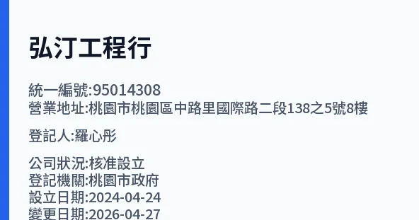 弘汀工程行的照片-統編 95014308(桃園市) 公司登記資料與營業項目詳細圖表