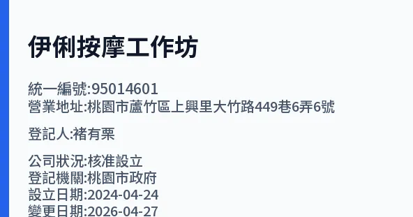 伊俐按摩工作坊的照片-統編 95014601(桃園市) 公司登記資料與營業項目詳細圖表