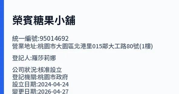 榮賓糖果小舖的照片-統編 95014692(桃園市) 公司登記資料與營業項目詳細圖表