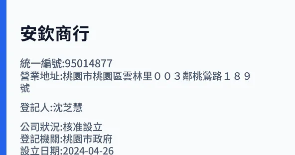 安欽商行的照片-統編 95014877(桃園市) 公司登記資料與營業項目詳細圖表