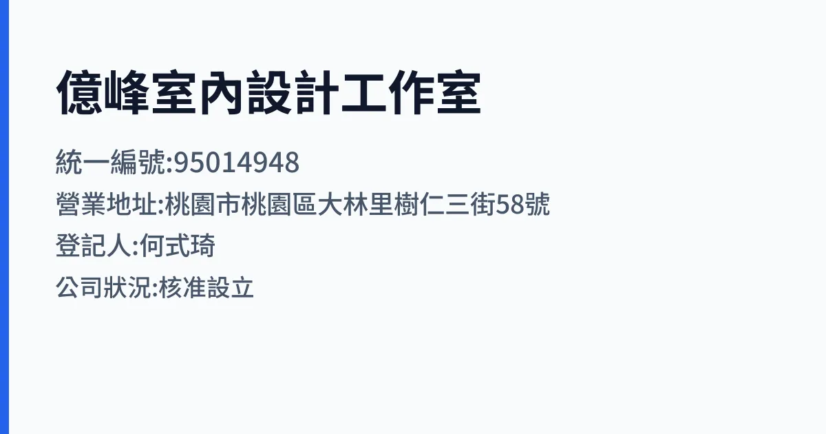 億峰室內設計工作室 - 統編 95014948(桃園市) 公司登記資料與營業項目詳細圖表