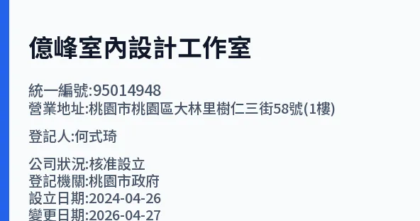 億峰室內設計工作室的照片-統編 95014948(桃園市) 公司登記資料與營業項目詳細圖表