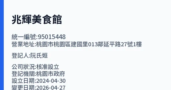 兆輝美食館的照片-統編 95015448(桃園市) 公司登記資料與營業項目詳細圖表