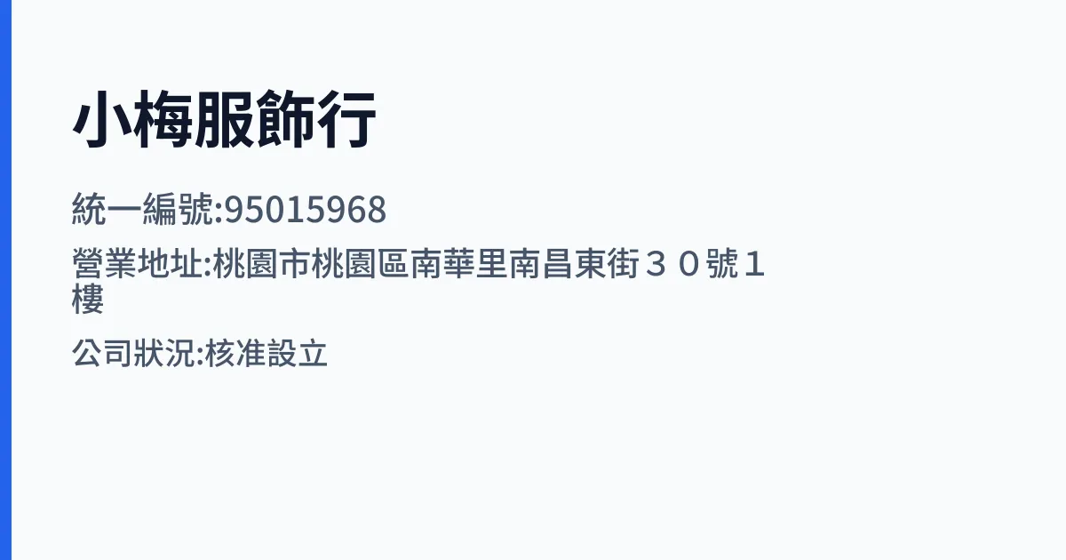 小梅服飾行 - 統編 95015968(桃園市) 公司登記資料與營業項目詳細圖表