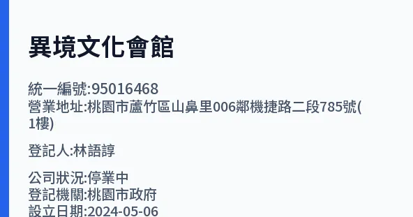 異境文化會館的照片-統編 95016468(桃園市) 公司登記資料與營業項目詳細圖表