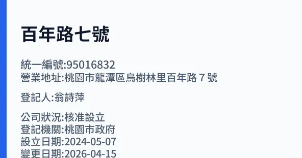 百年路七號的照片-統編 95016832(桃園市) 公司登記資料與營業項目詳細圖表