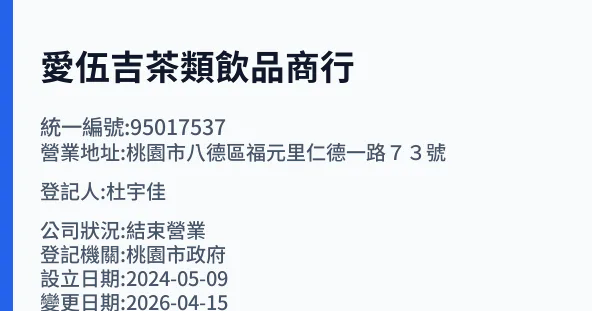愛伍吉茶類飲品商行的照片-統編 95017537(桃園市) 公司登記資料與營業項目詳細圖表