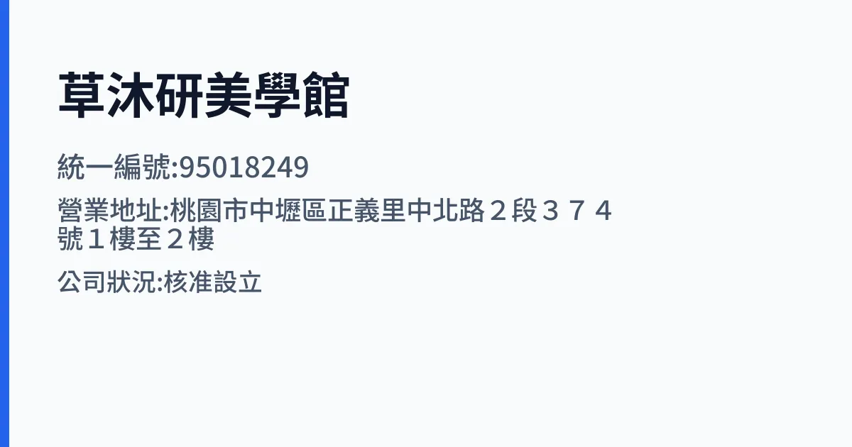 草沐研美學館 - 統編 95018249(桃園市) 公司登記資料與營業項目詳細圖表