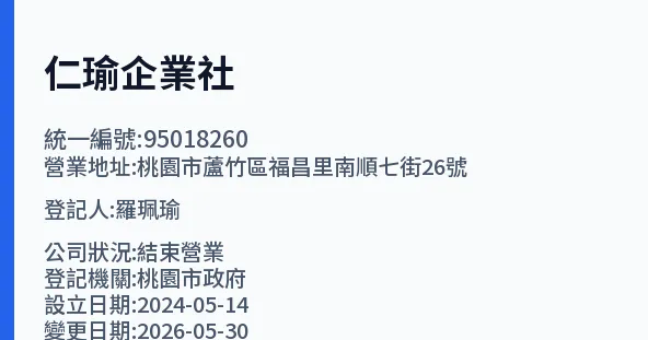 仁瑜企業社的照片-統編 95018260(桃園市) 公司登記資料與營業項目詳細圖表