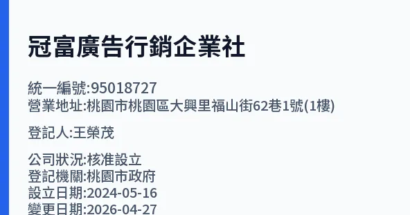 冠富廣告行銷企業社的照片-統編 95018727(桃園市) 公司登記資料與營業項目詳細圖表