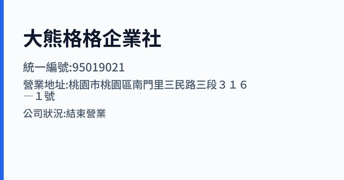 大熊格格企業社 - 統編 95019021(桃園市) 公司登記資料與營業項目詳細圖表