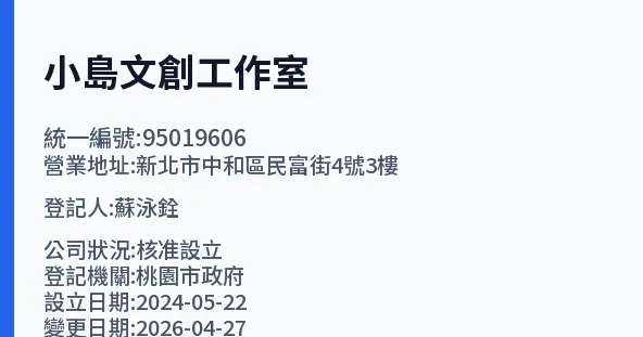 小島文創工作室的照片-統編 95019606(新北市) 公司登記資料與營業項目詳細圖表
