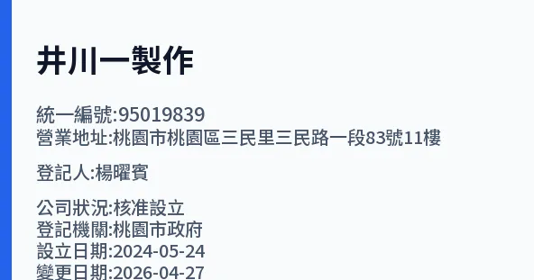 井川一製作的照片-統編 95019839(桃園市) 公司登記資料與營業項目詳細圖表