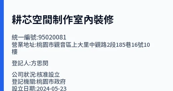 耕芯空間制作室內裝修的照片-統編 95020081(桃園市) 公司登記資料與營業項目詳細圖表