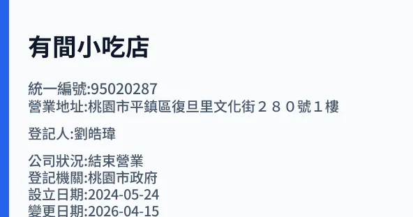 有間小吃店的照片-統編 95020287(桃園市) 公司登記資料與營業項目詳細圖表