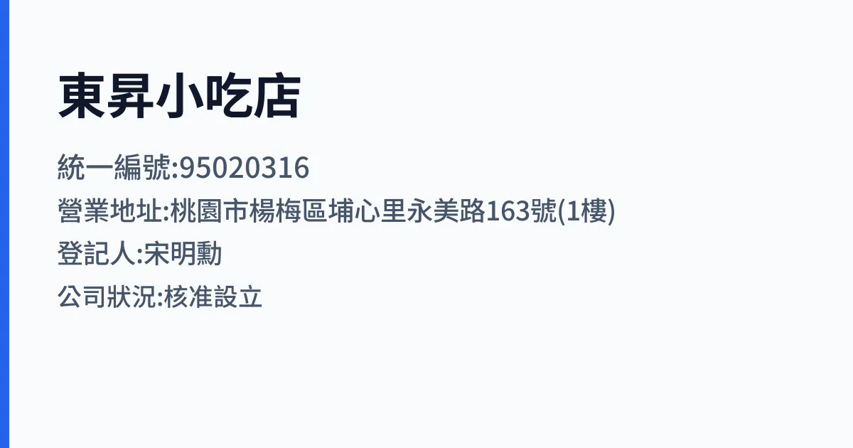 東昇小吃店 - 統編 95020316（桃園市） 公司登記資料與營業項目詳細圖表