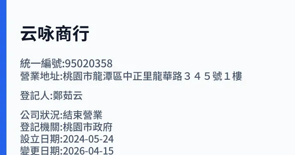 云咏商行的照片-統編 95020358(桃園市) 公司登記資料與營業項目詳細圖表
