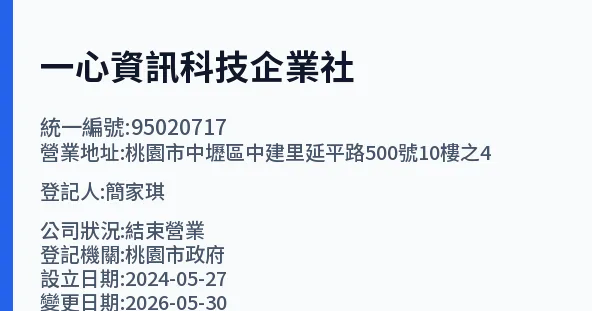 一心資訊科技企業社的照片-統編 95020717(桃園市) 公司登記資料與營業項目詳細圖表