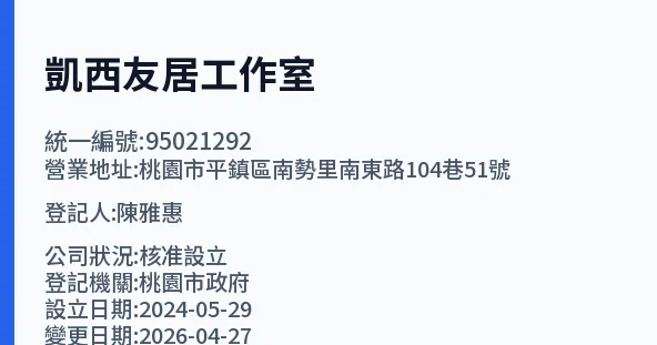 凱西友居工作室的照片-統編 95021292(桃園市) 公司登記資料與營業項目詳細圖表