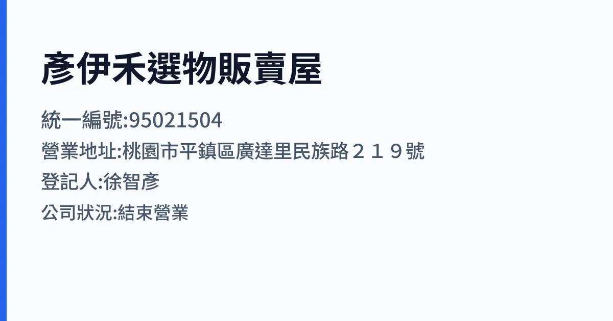 彥伊禾選物販賣屋 - 統編 95021504(桃園市) 公司登記資料與營業項目詳細圖表