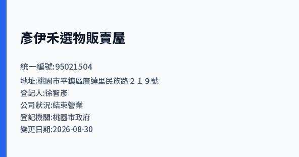 彥伊禾選物販賣屋的照片-統編 95021504(桃園市) 公司登記資料與營業項目詳細圖表