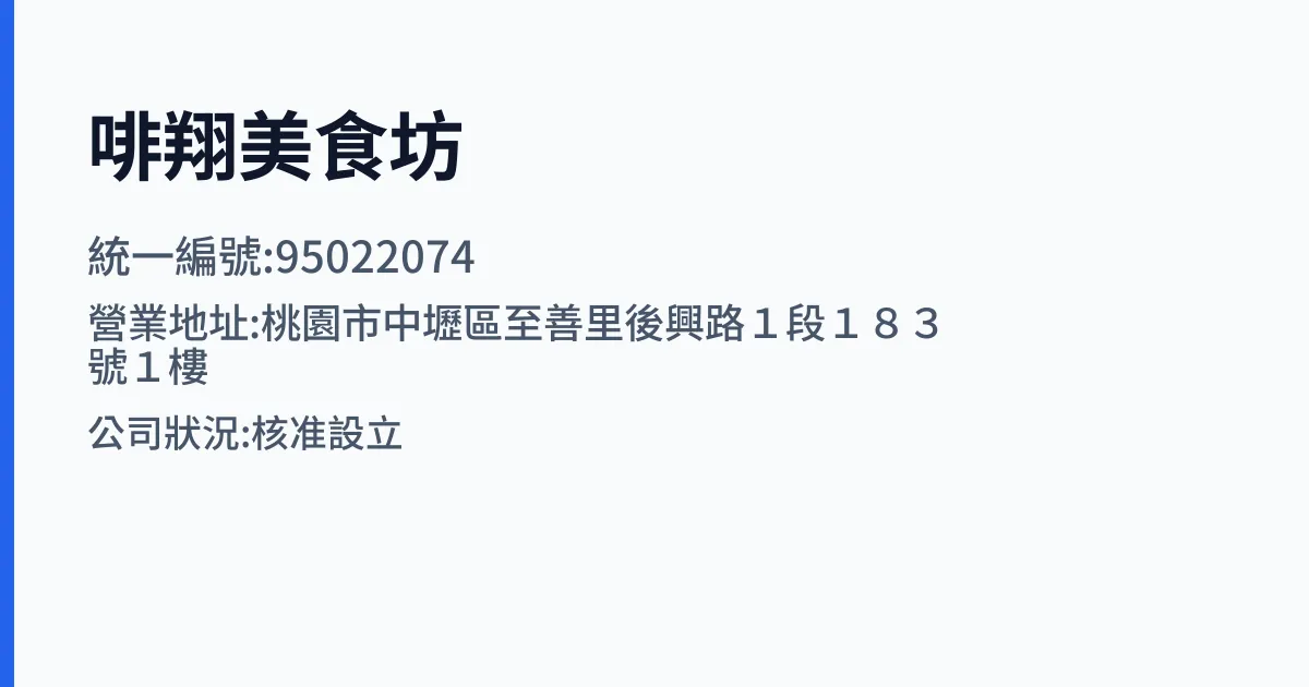啡翔美食坊 - 統編 95022074（桃園市） 公司登記資料與營業項目詳細圖表